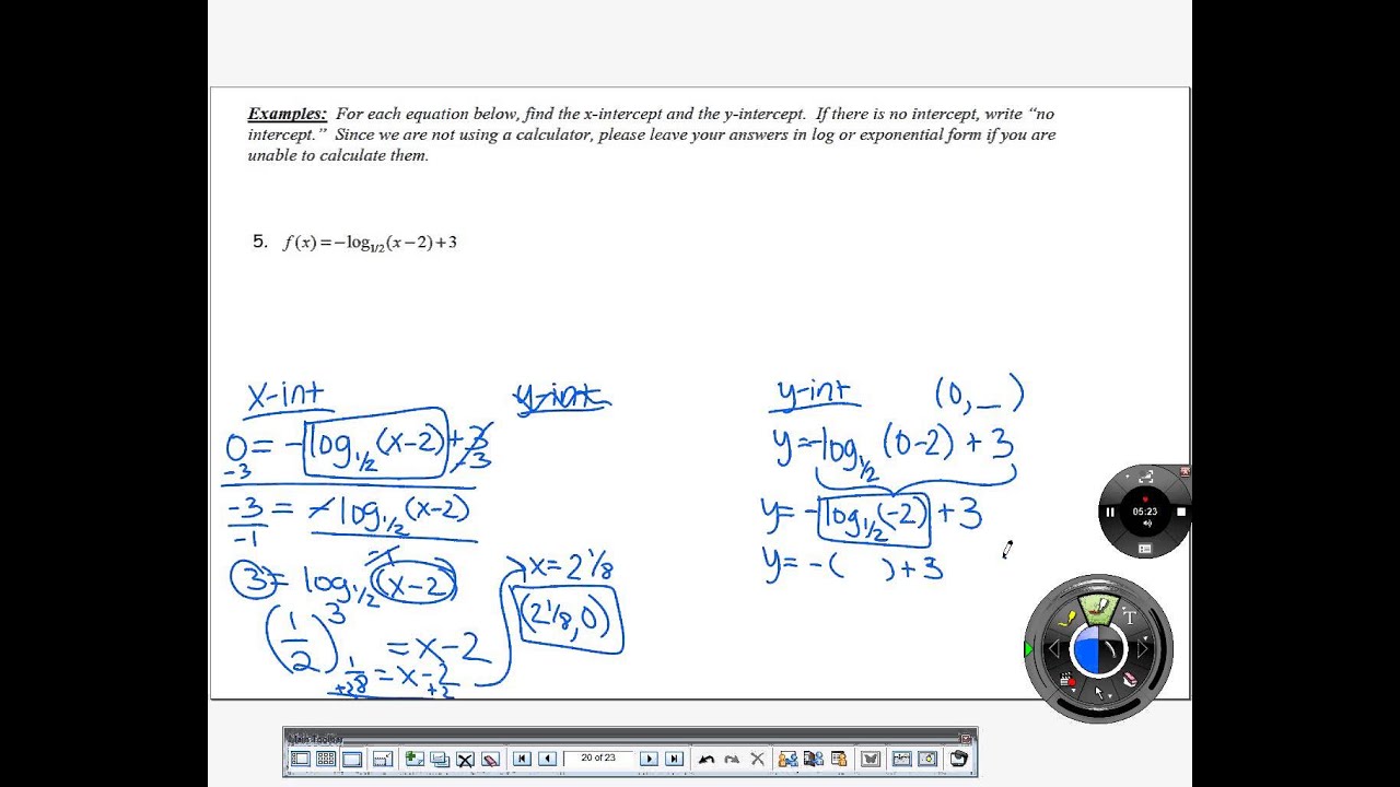 Finding x and y int for log and exp functions - YouTube