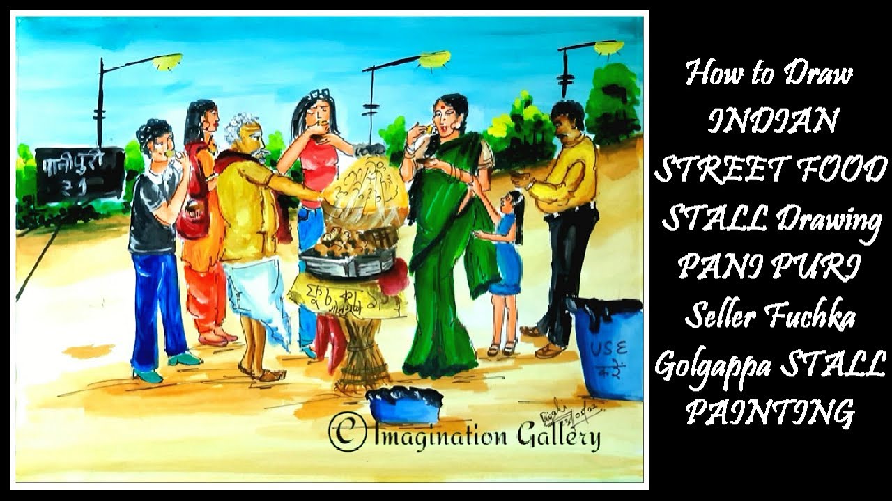 How to Draw INDIAN STREET FOOD STALL Drawing PANI PURI Seller Fuchka ...