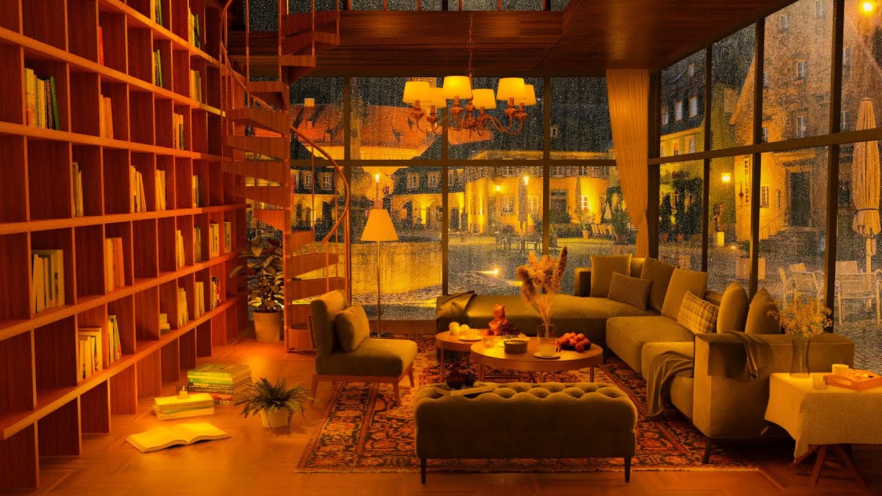 Warm Cafe Space on a Rainy Day Relaxing Jazz Music With Rain For Mood ...