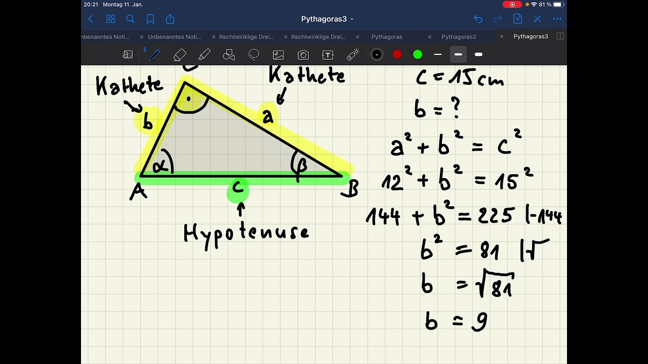 Dreiecke (4) - Pythagoras Kathete berechnen - YouTube