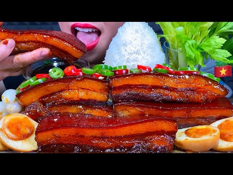 ASMR SPICY BRAISED PORK BELLY, EGGS, CHILI, CELERY, RICE MUKBANG MASSIVE Eating Sounds