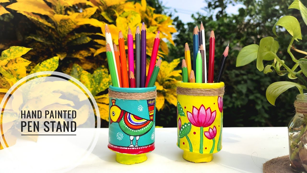 Hand painted pen stand | Clay glass pen stand painting ideas ...
