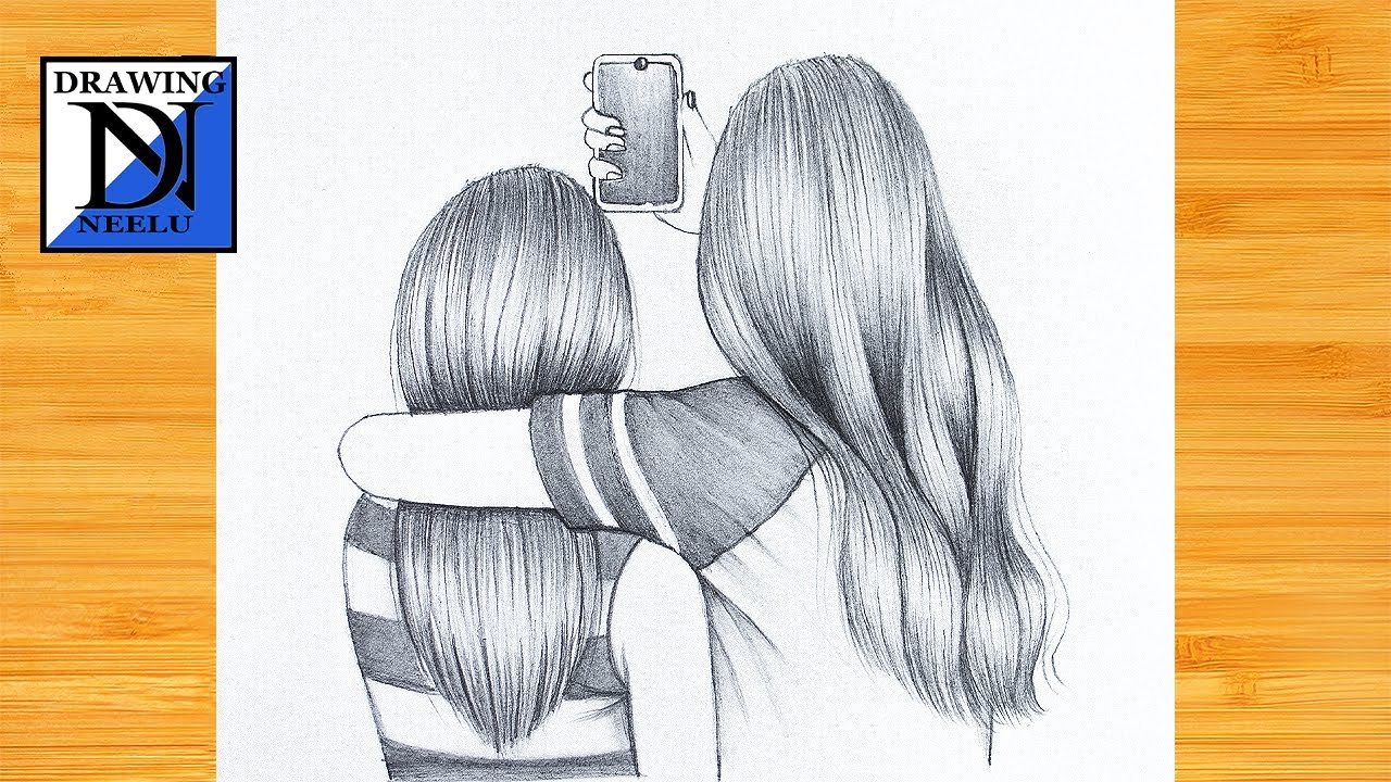 How to draw a Girls best friends Taking selfie || Pencil sketch for ...