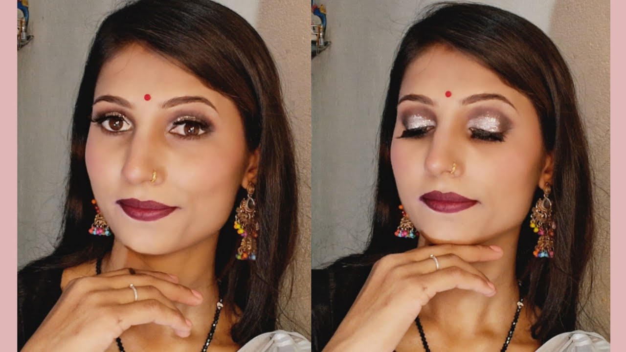 silver soft glittery full makeup look /silver saree makeup tutorial ...