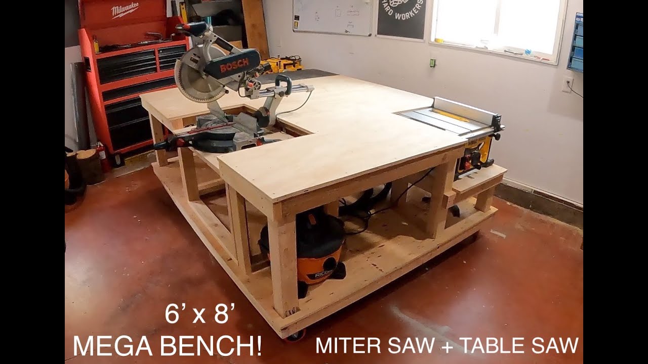 How to Build a Wood Working Bench - Miter Saw + Table Saw - YouTube