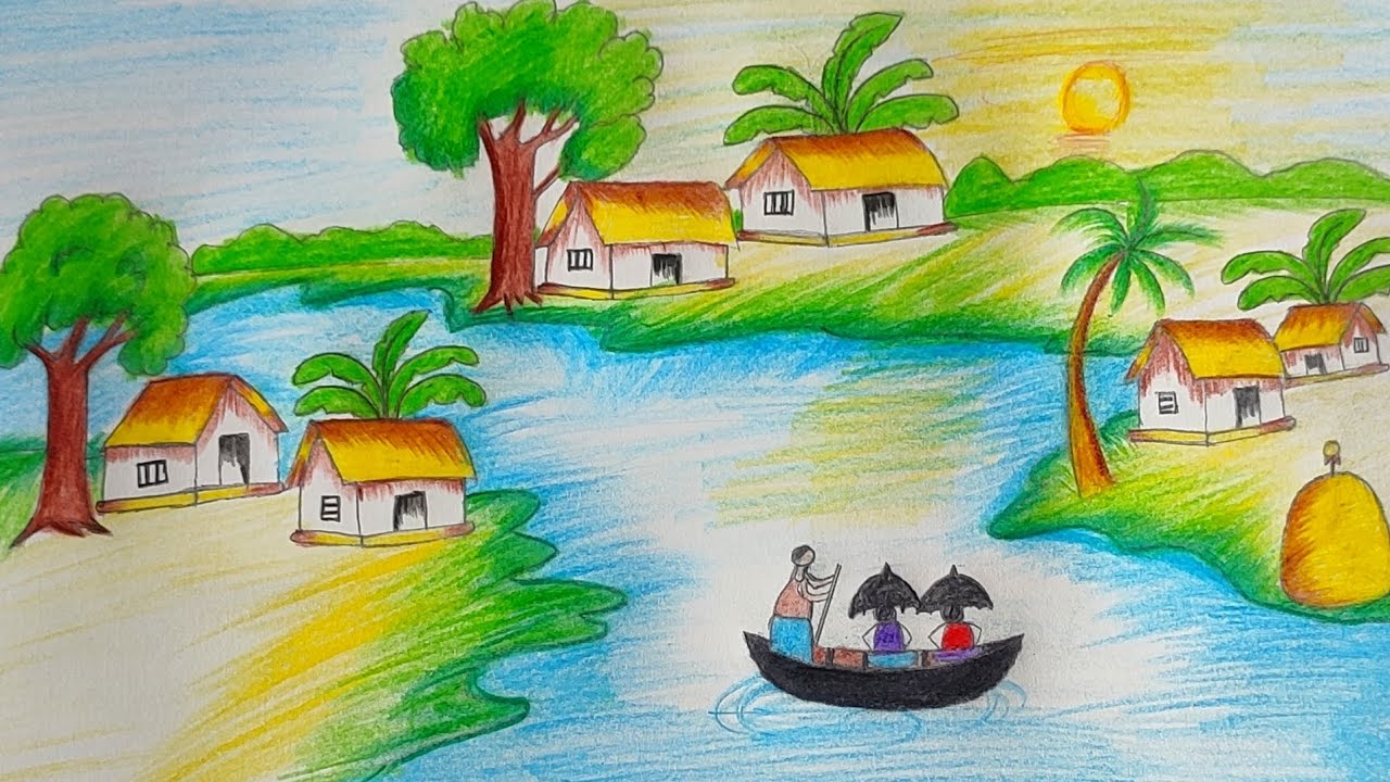 How To Draw A Riverside Village Scenery Easy - YouTube