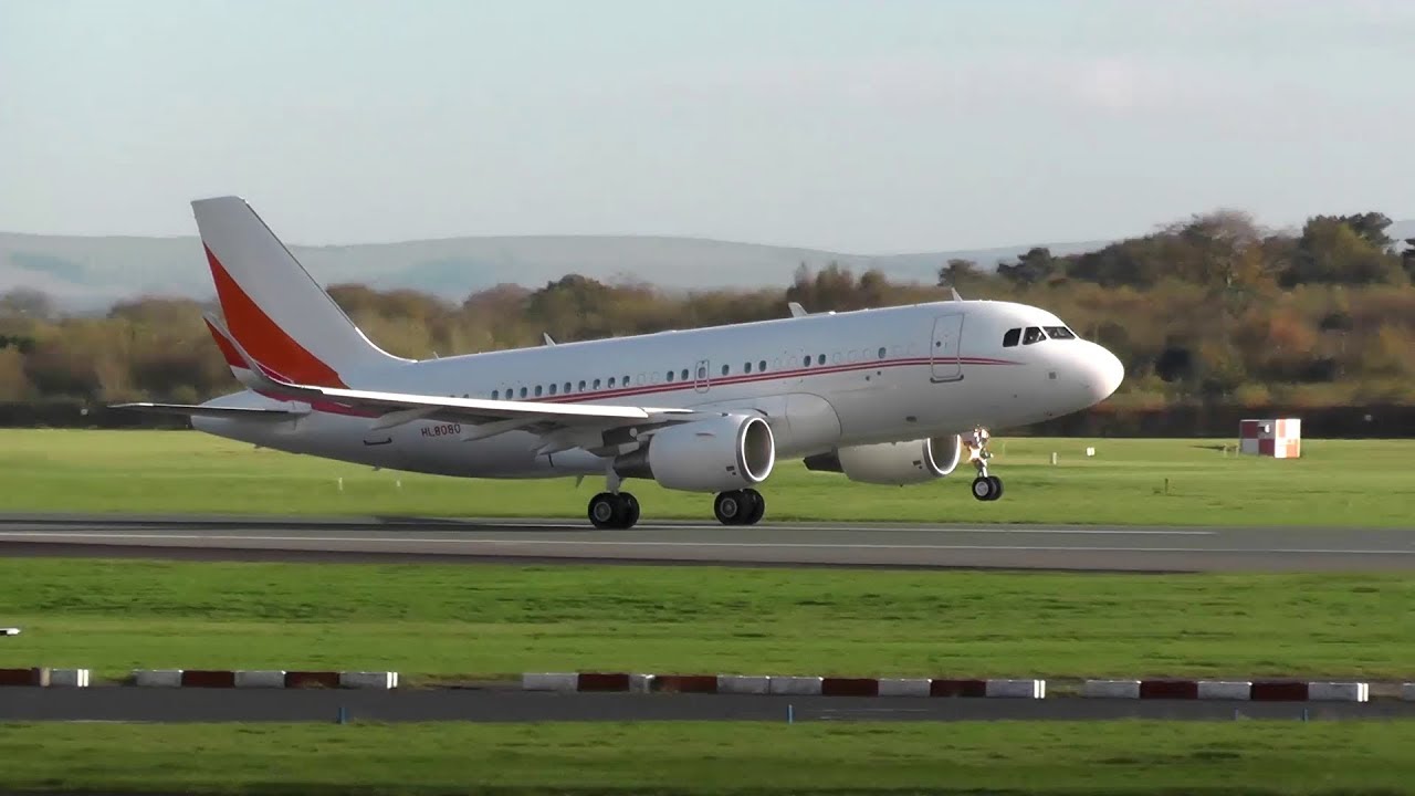 SK Telecom Airbus A319 Corporate Jet HL8080 Takeoff from Manchester ...