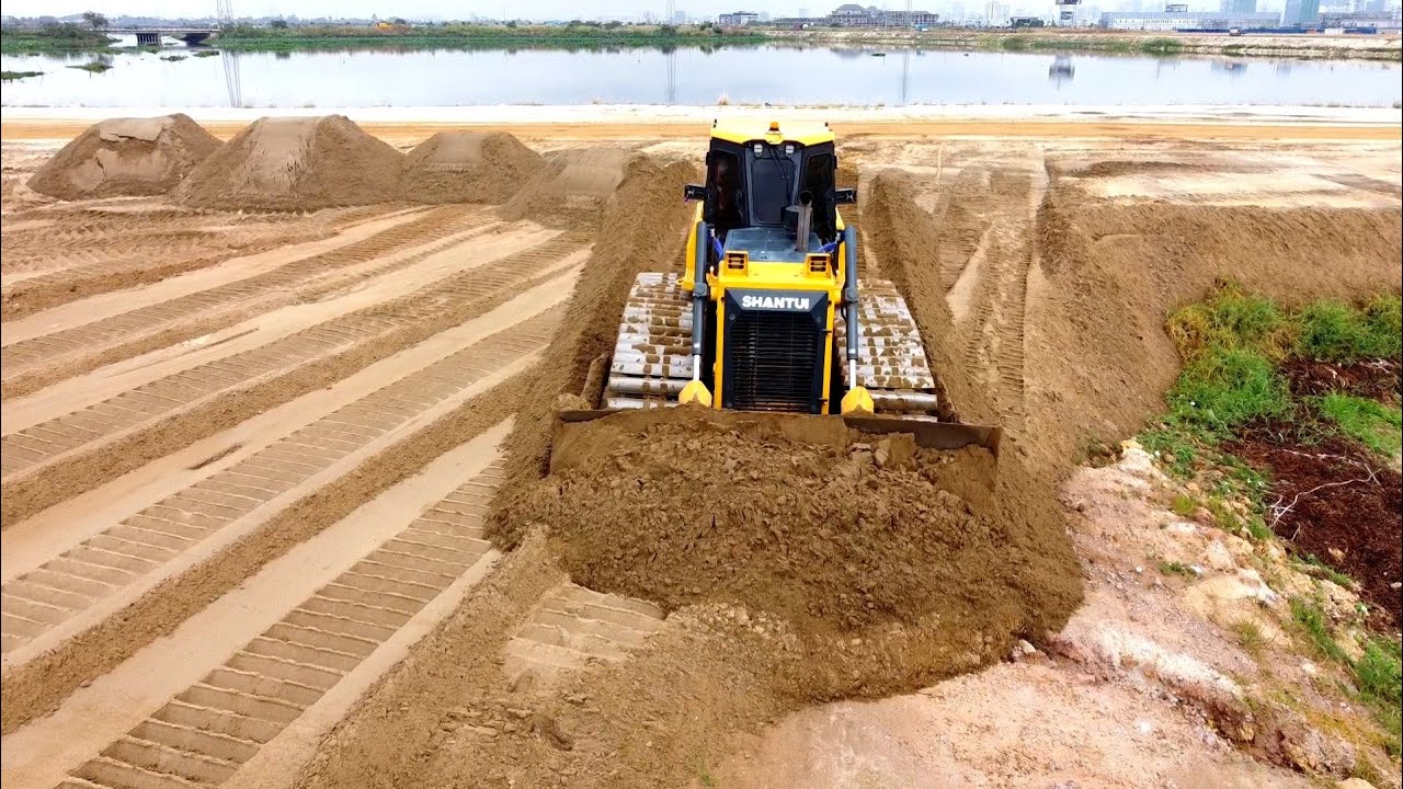 Awesome Dozer working Push Leveling sand and Heavy dump truck unloading ...