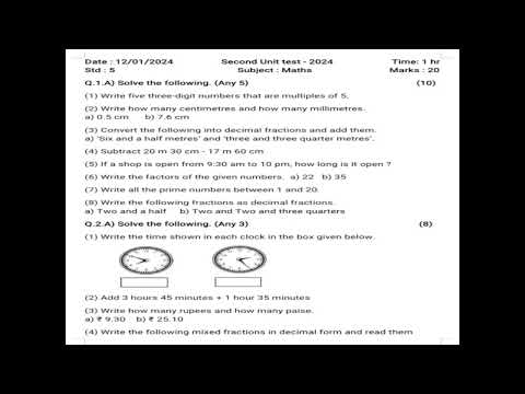 Class 5 Maths Question paper | Second Unit Test - 2024 | # ...