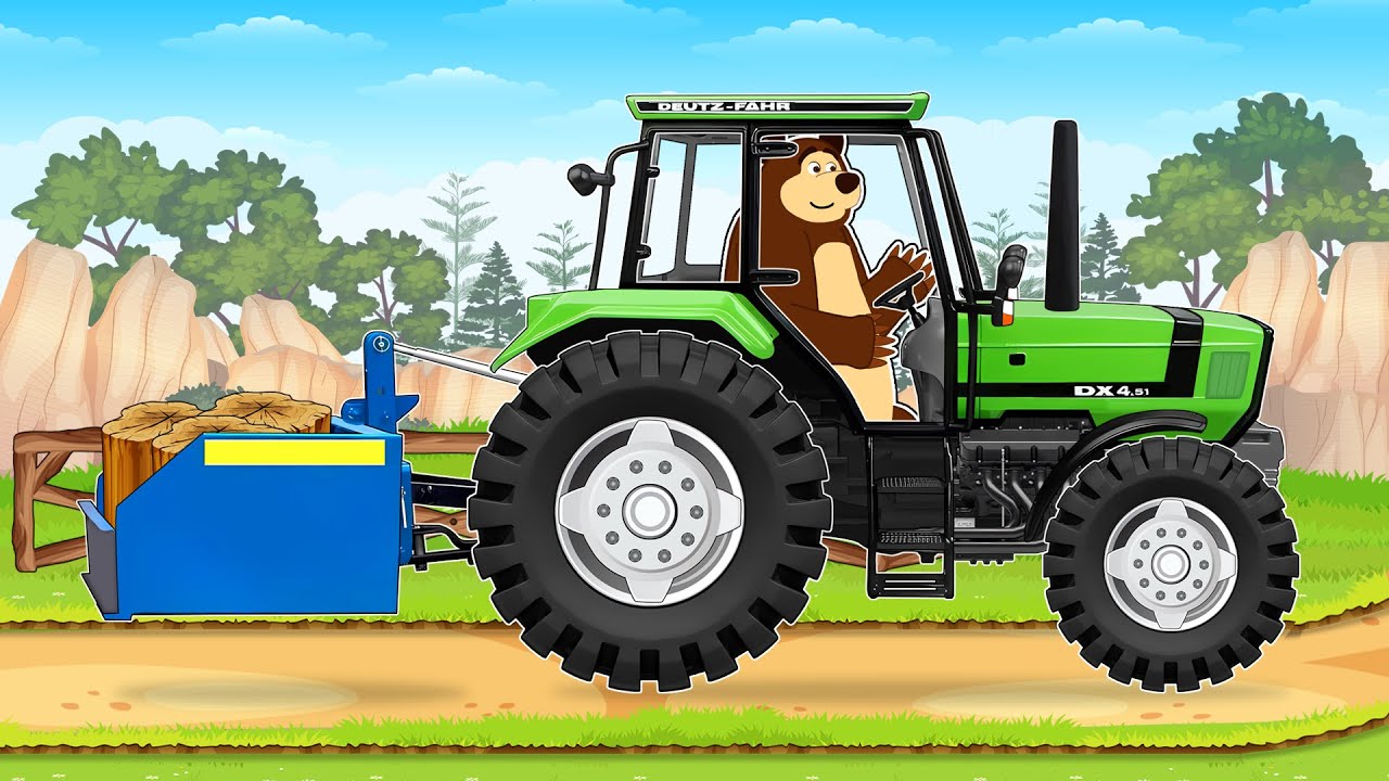 Green Tractor Works Hard on the Farm 🚜 Plowing Fields & Transporting ...