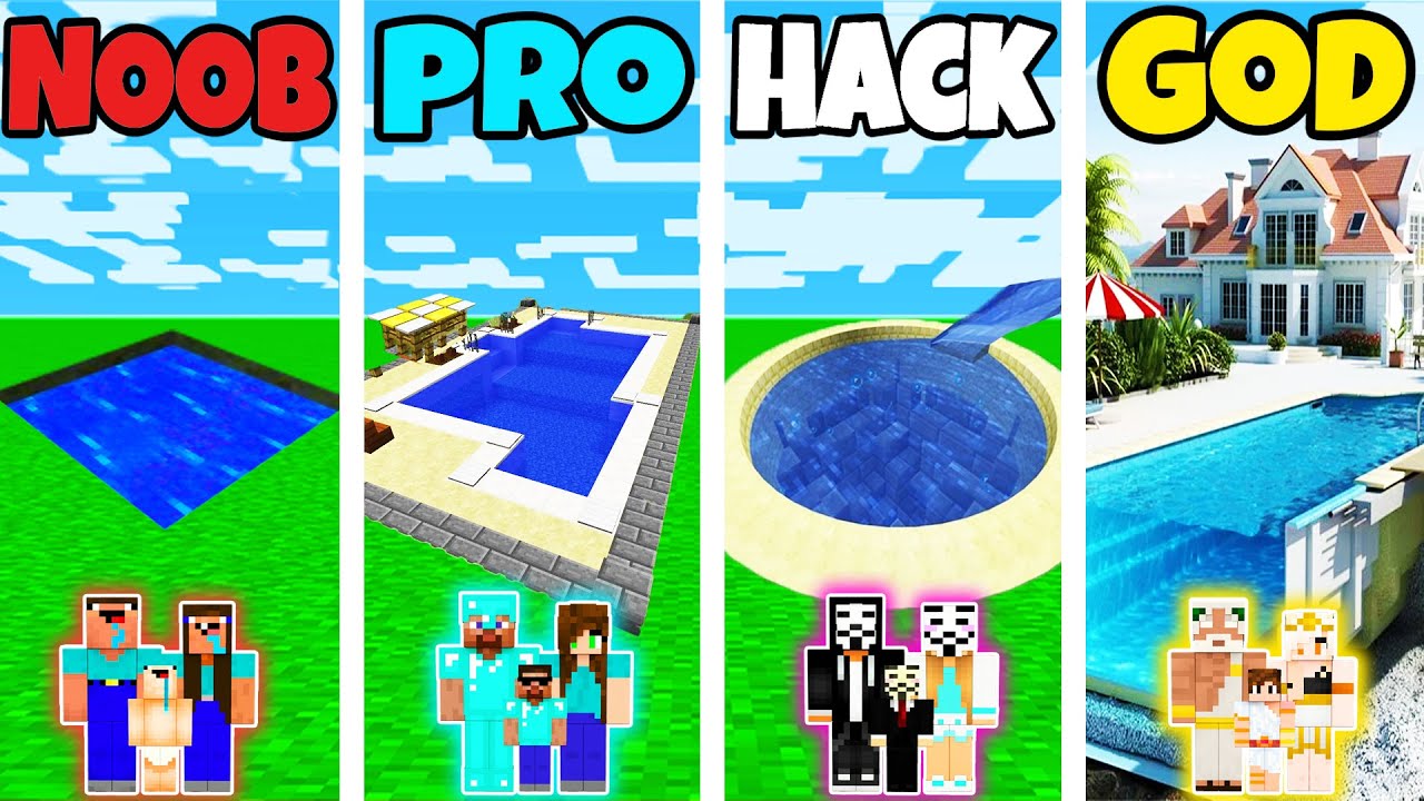Minecraft: FAMILY LUXURY SWIMMING POOL BUILD CHALLENGE - NOOB vs PRO vs ...