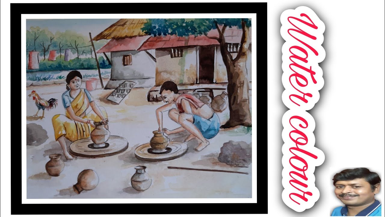 draw potter man scenery with water colour/কুমোরের ছবি অঙ্কন - YouTube