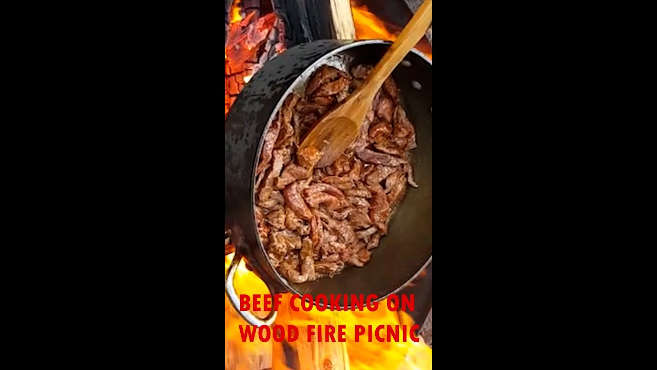 BEEF FRYING IN OLIVE OIL ON WOOD FIRE PICNIC TIME BY LAKE MOUNTIANS # ...