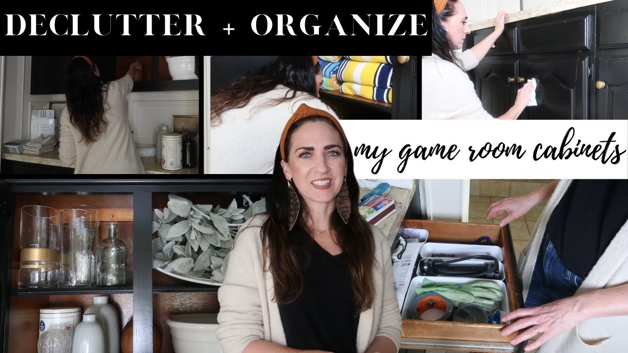 DECLUTTERING, ORGANIZING, AND CLEANING MY GAME ROOM CABINETS - YouTube