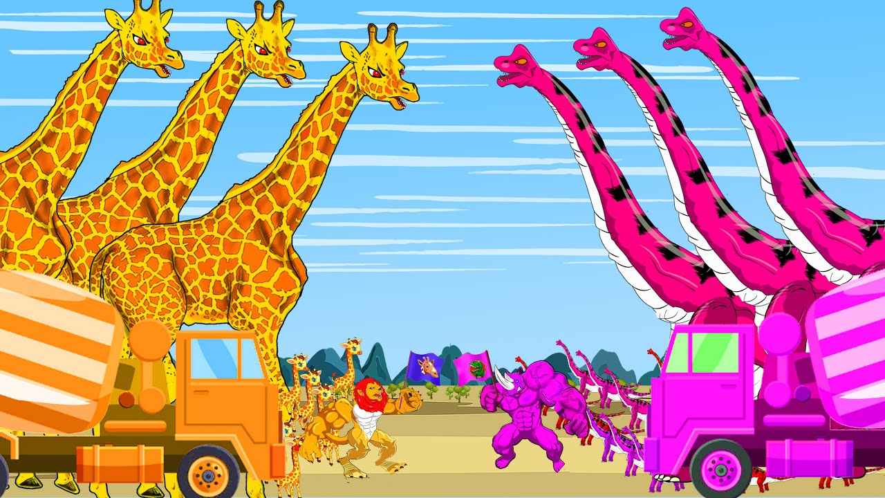 GIRAFFE VS T- REX DINOSAURS, PTERODACTYL, BRACHIOSAURUS, Vehicles, Car ...