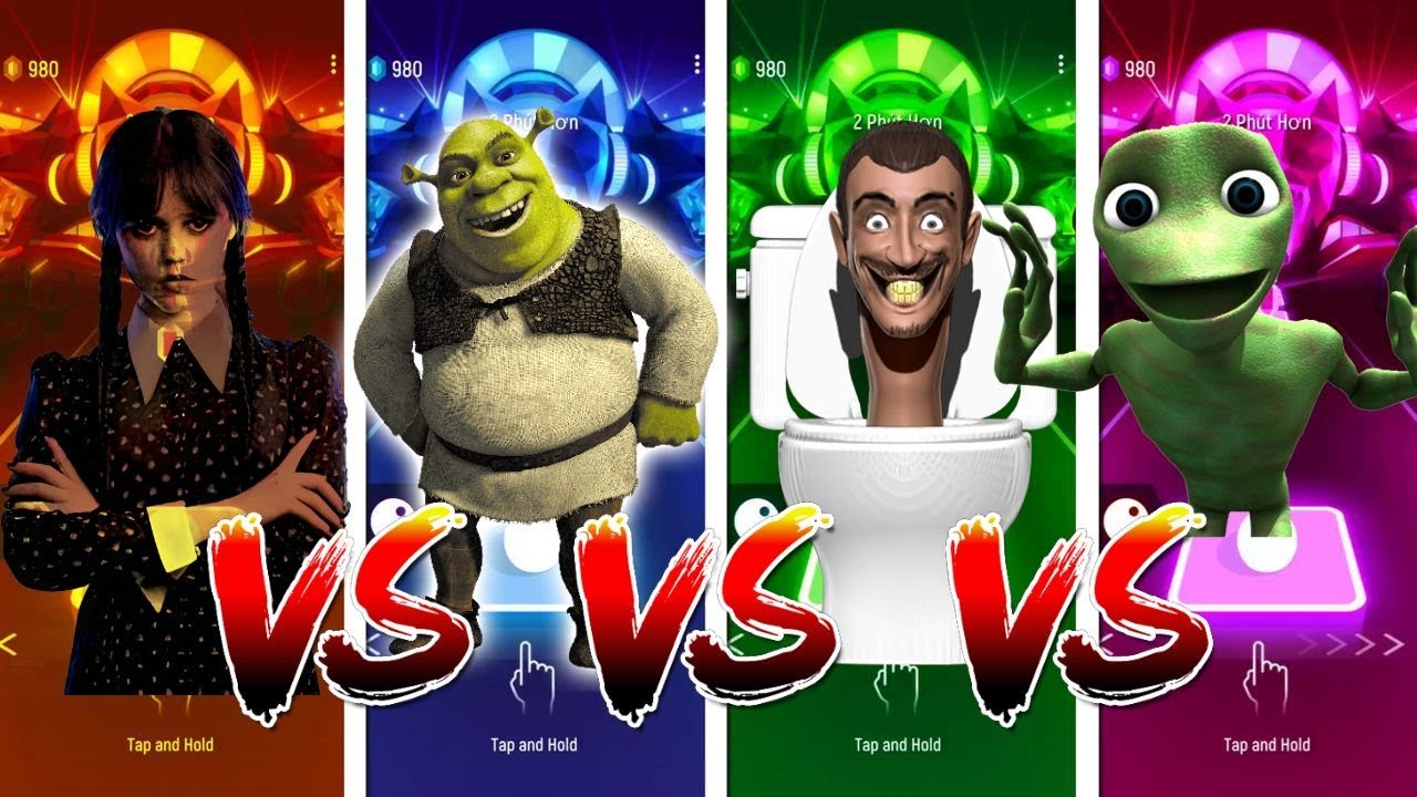 WEDNESDAY 🆚 SHREK 🆚 SKIBIDI TOILET 🆚 GREEN ALIEN | Tiles Hop Dancing ...