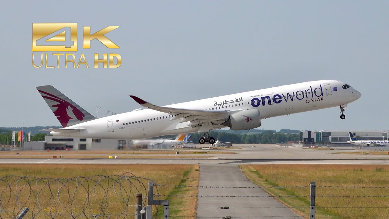 (4K) Airbus A350-941 from Qatar Airways A7-ALZ departure Munich Airport MUC EDDM Oneworld Livery ...