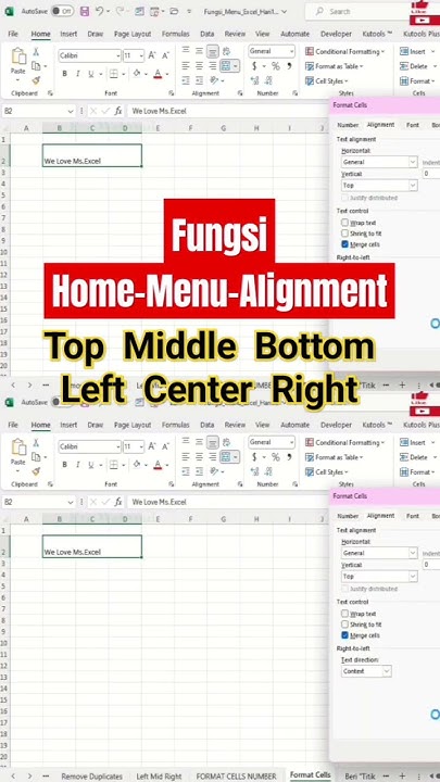 Fungsi Menu Alignment Top Middle Bottom Left Center Right Excel Shorts Exceltutorial