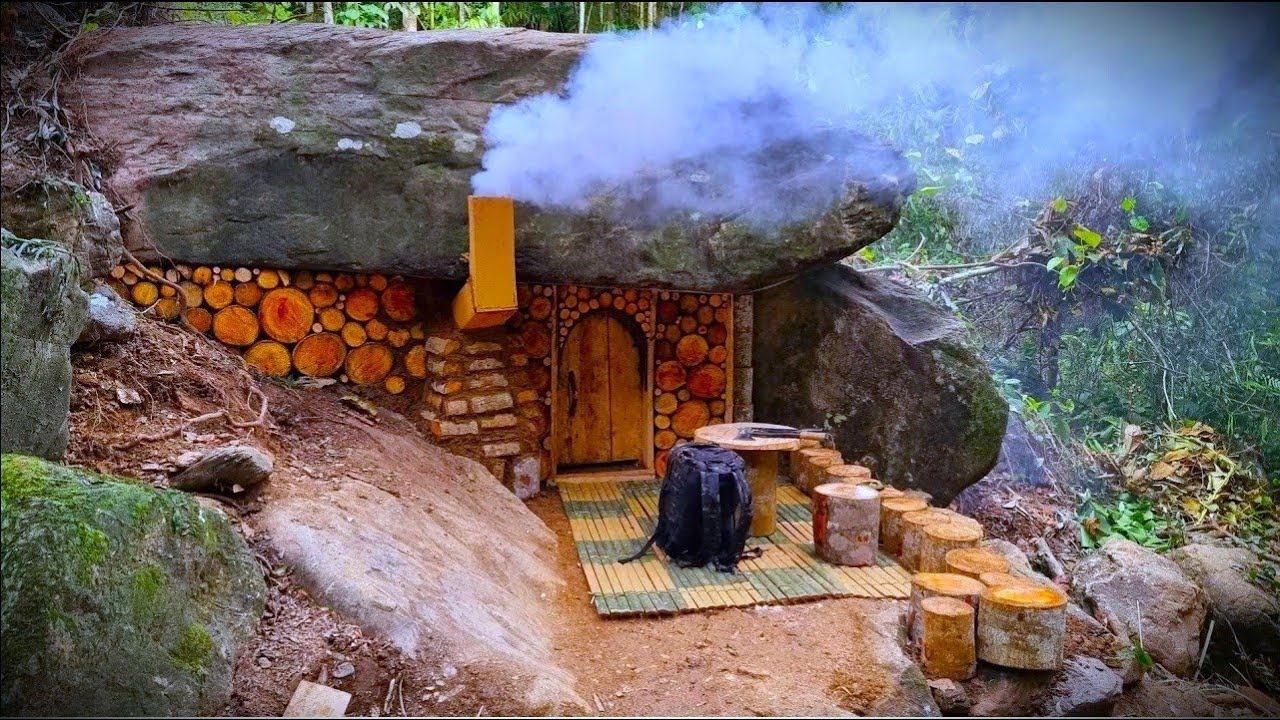 Building complete a warm shelter under a big rock, fireplace, roast ...