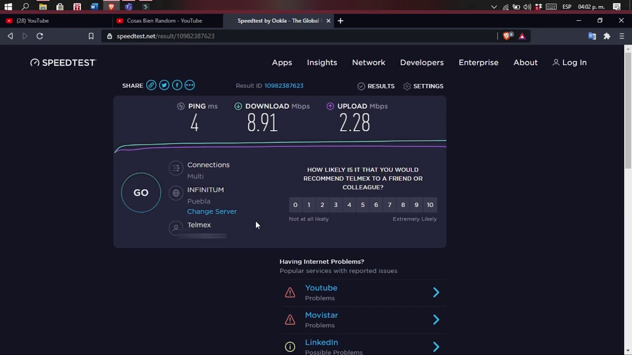 Speedtest Telmex, según tengo 20 mbps con fibra :D - YouTube