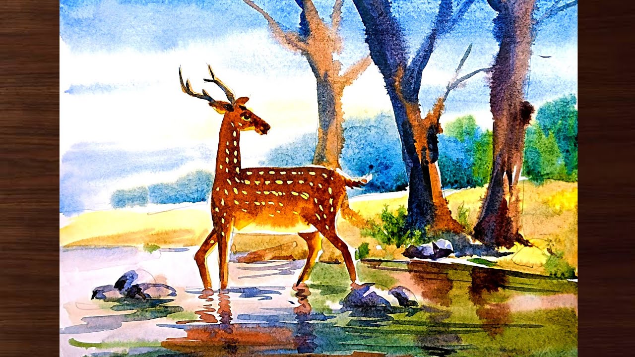 How to draw scenery of deer step by step with watercolour/Forest ...