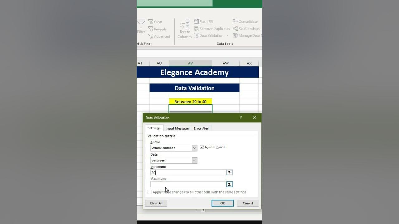 Restrict Between 20 To 40 Data Validation Excel Msexcel Shortsvideo Shorts Datavalidation