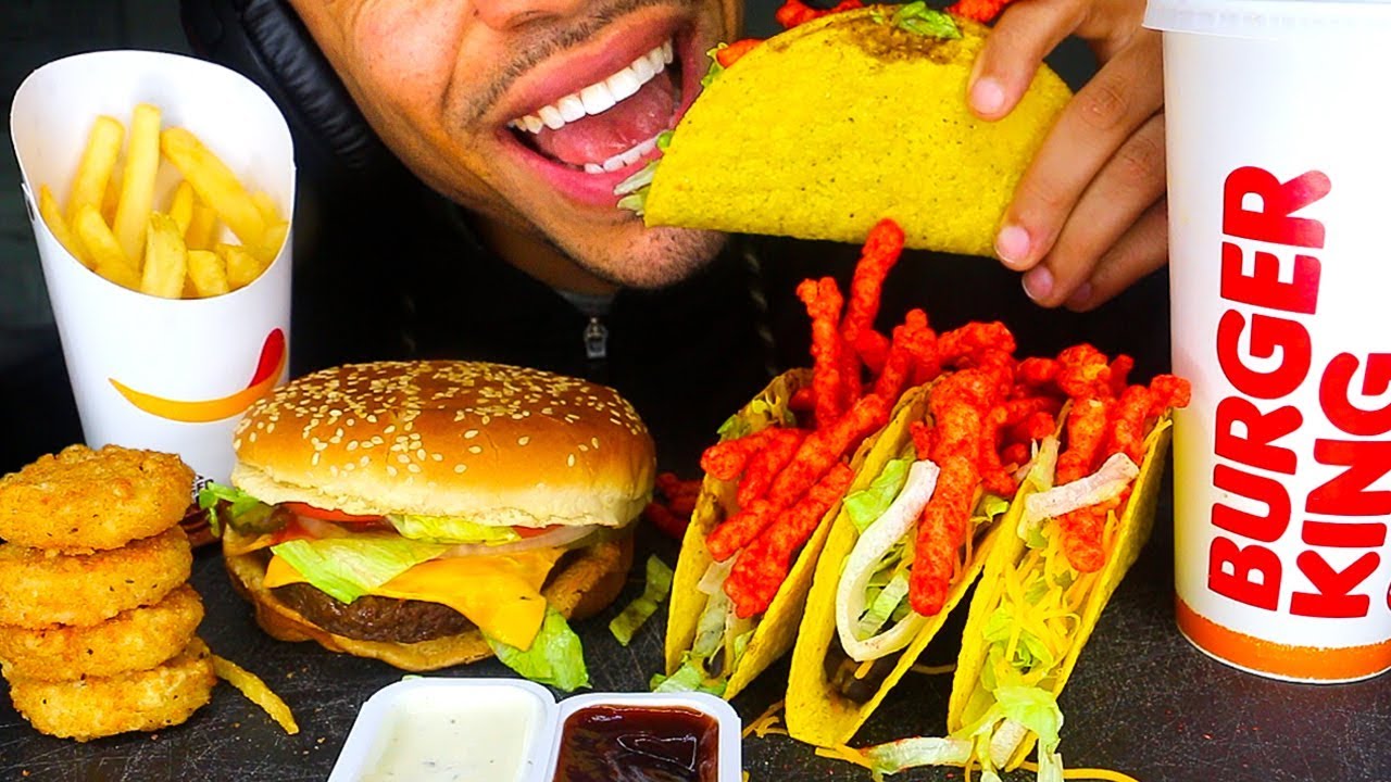 ASMR BURGER KING TACOS HOT CHEETOS NUGGETS WHOOPER LETTUCE MUKBANG NO ...