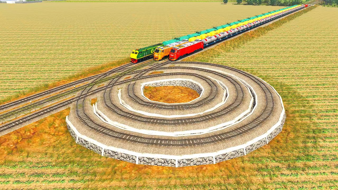 3 Diesel Trains Crossing On Triple Looping Railroad Track-Rotating ...