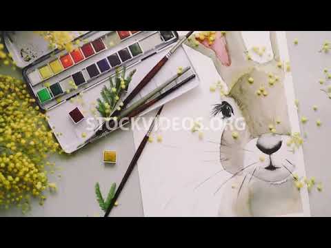 stock video footage - paint brush, Easter Bunny image mimosa flowers