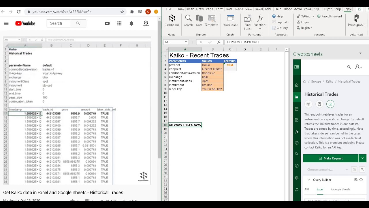See YouTube tutorials for every Cryptosheets API endpoint from the console in Excel ...
