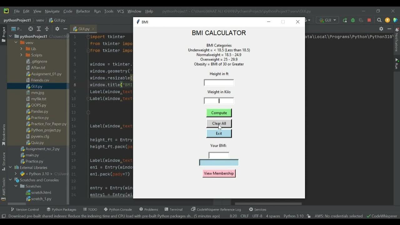 BMI Calculator in Pyhton | Pycharm | tkinter - YouTube