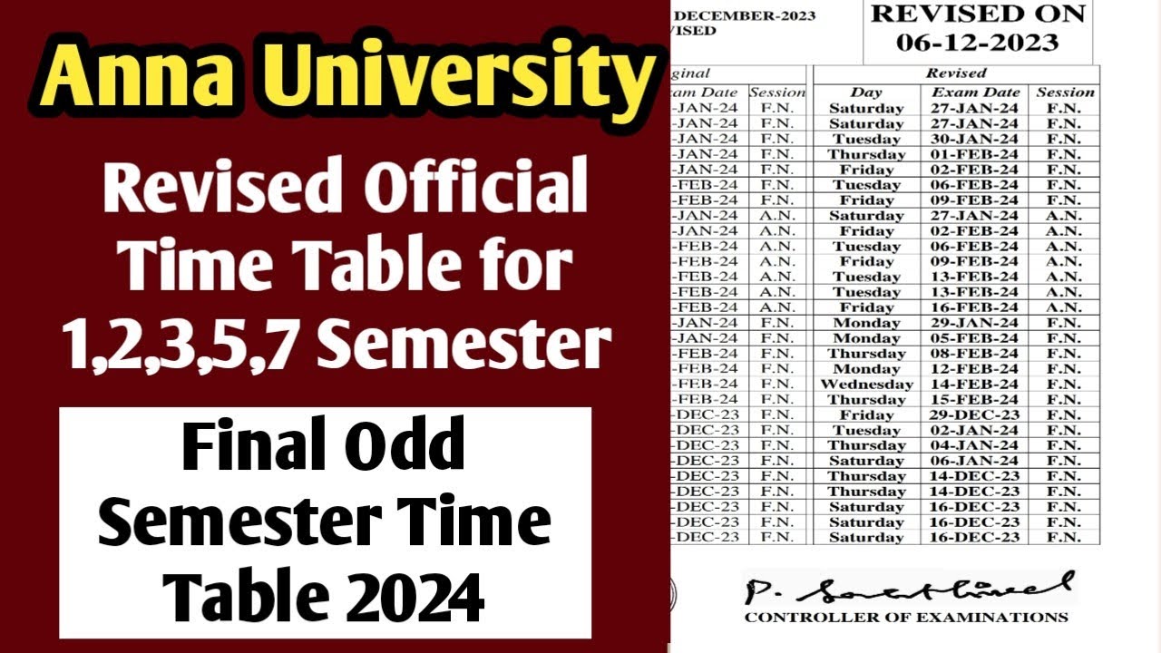 Anna University Engineering Odd Semester Offical New Revised Time Table