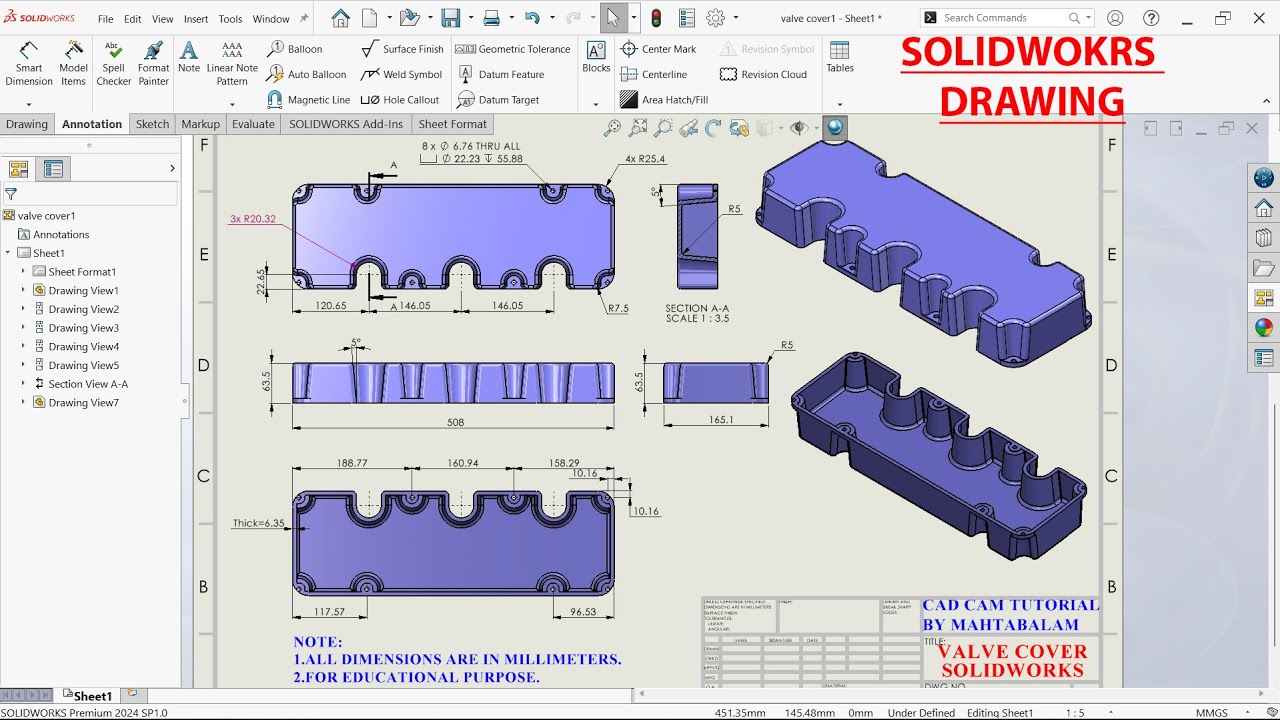 SolidWorks Drawing Basic Tutorial Valve Cover - YouTube