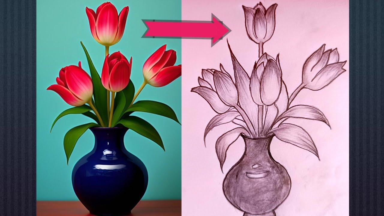 How To Draw Flower With Pot🌹//Pencil Shade Flower Vase Drawing//Santosh ...
