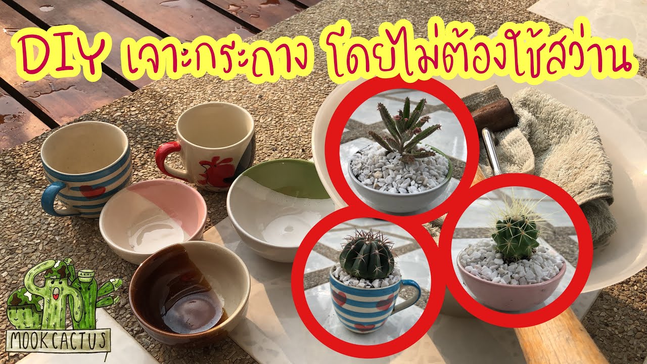 DIY เจาะกระถาง โดยไม่ต้องใช้สว่าน| DIY cactus pot | MookCactus - YouTube