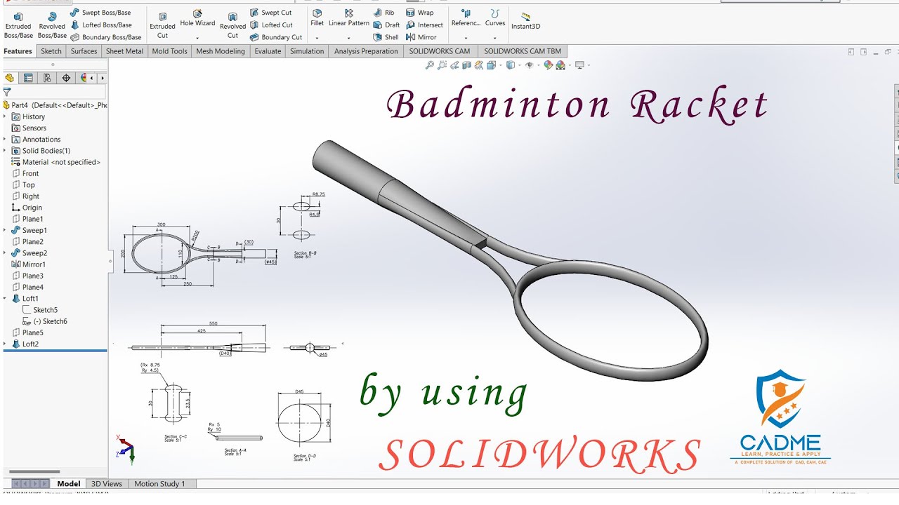 Badminton Racket | Solidworks | Using Features Tools and Comment ...