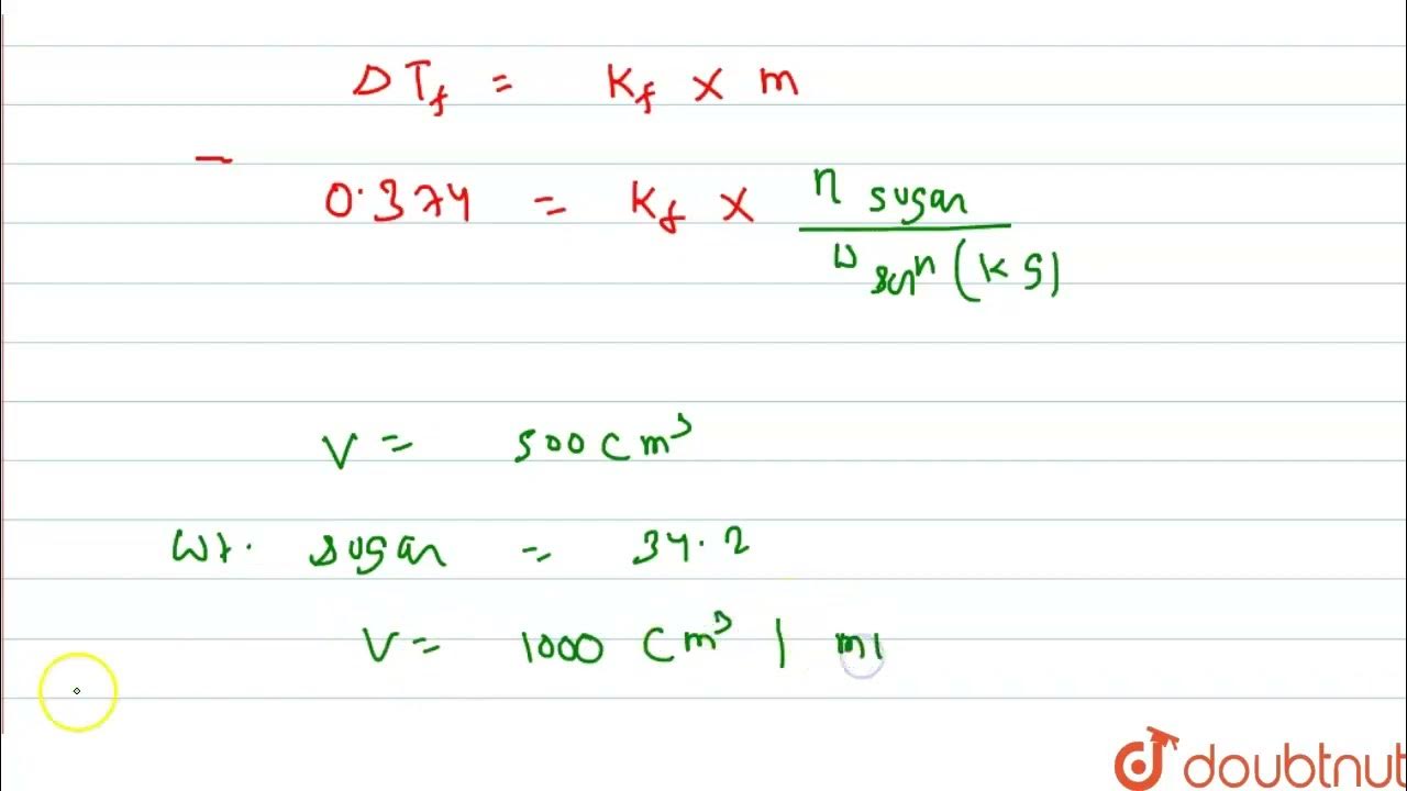 A solution containing 34.2 g of cane-sugar (C_(12)H_(22)O_(11)) dissolved in 500cm^(3) of water ...