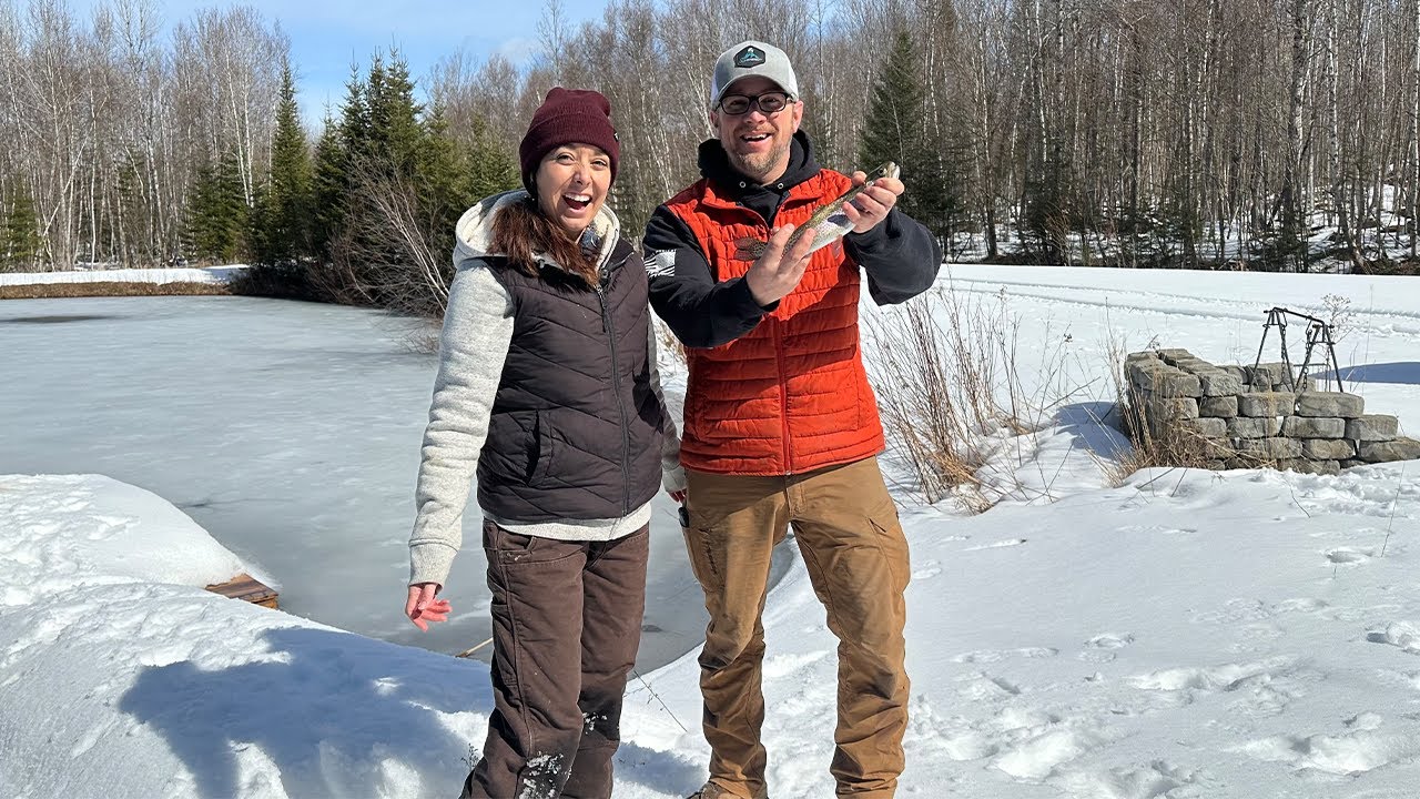 HUSBAND vs WIFE Spring ICE FISHING CHALLENGE on Our BACKYARD Pond ...