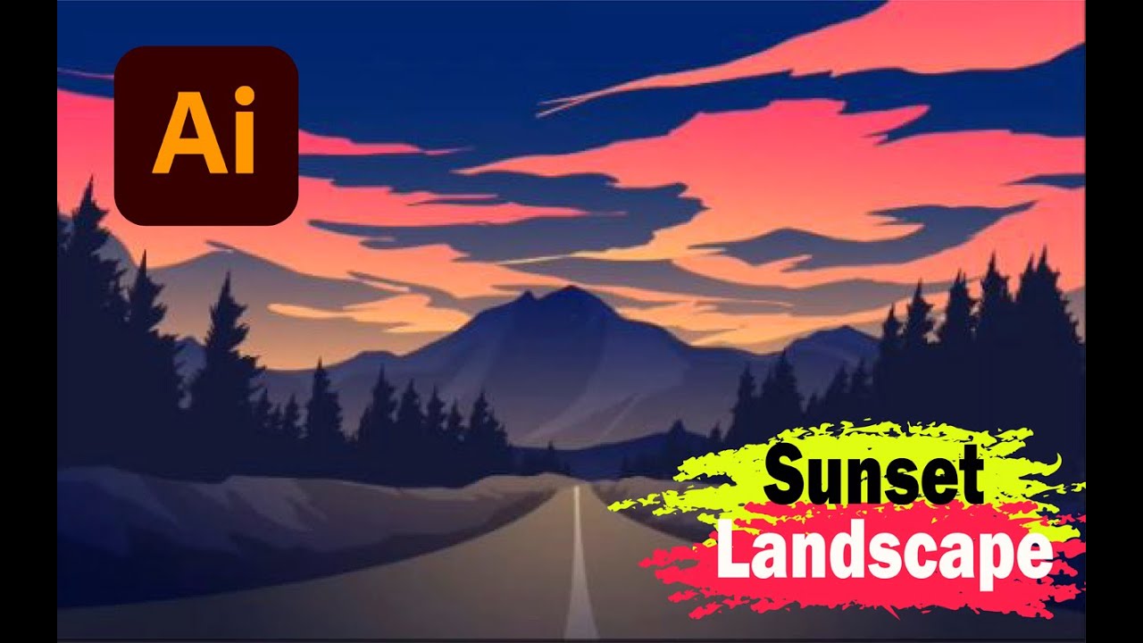 Vector sunset landscape in Illustrator time-lapse - YouTube
