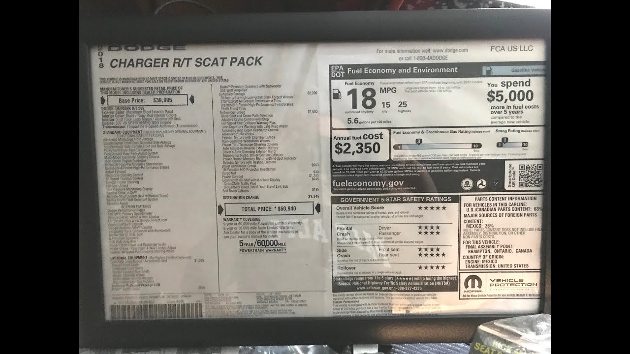 2018 Dodge Charger ScatPack Ep. 3: Window Sticker Review - YouTube