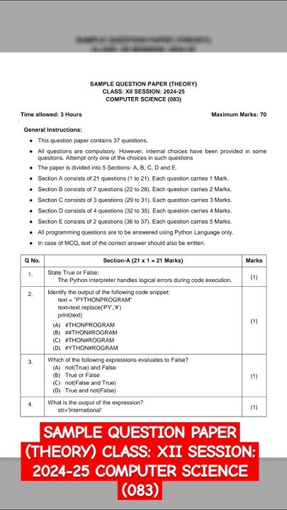 SAMPLE QUESTION PAPER (THEORY) CLASS: XII SESSION: 2024-25 COMPUTER ...
