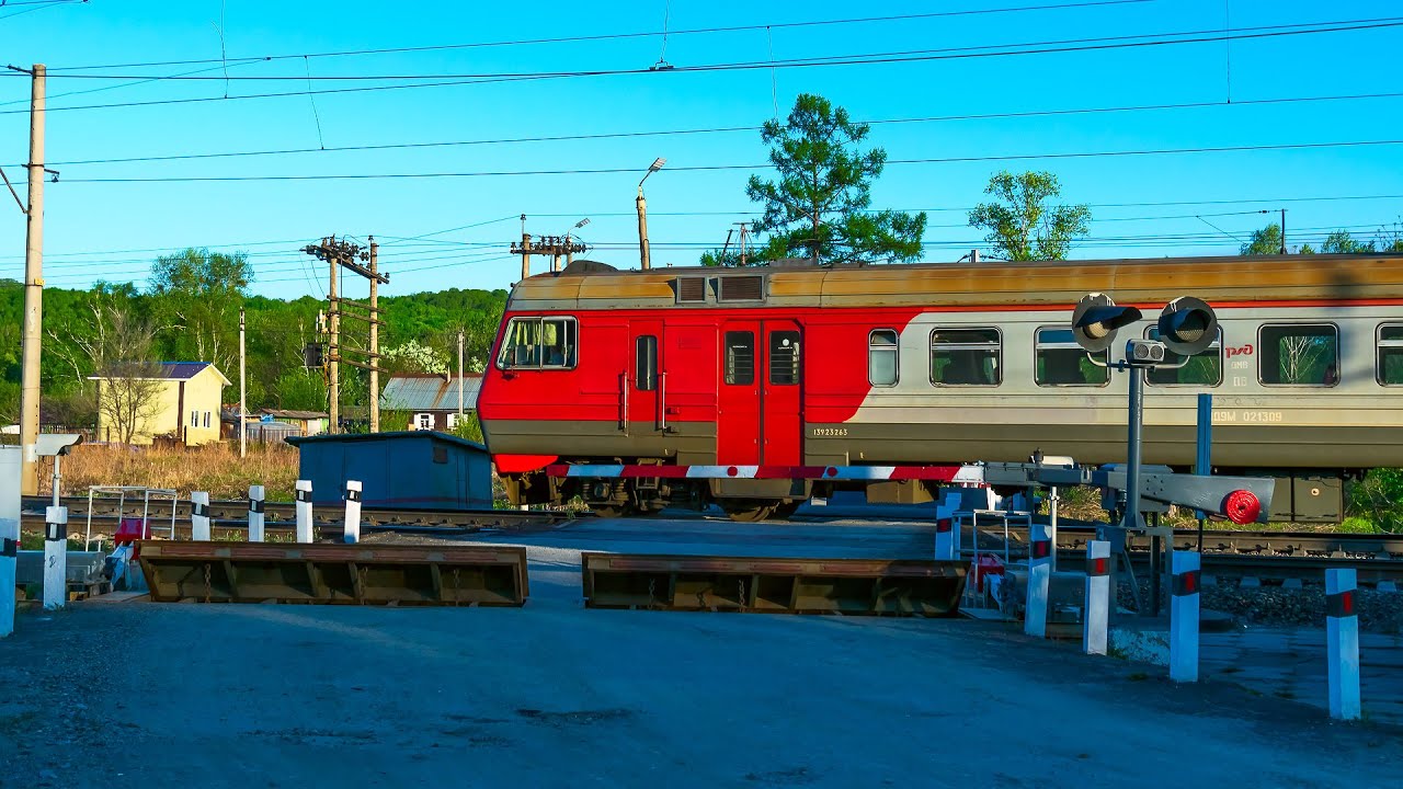 RailWay. Russian EMU train ED9M сrossing / Электричка РЖД ЭД9М проходит ...