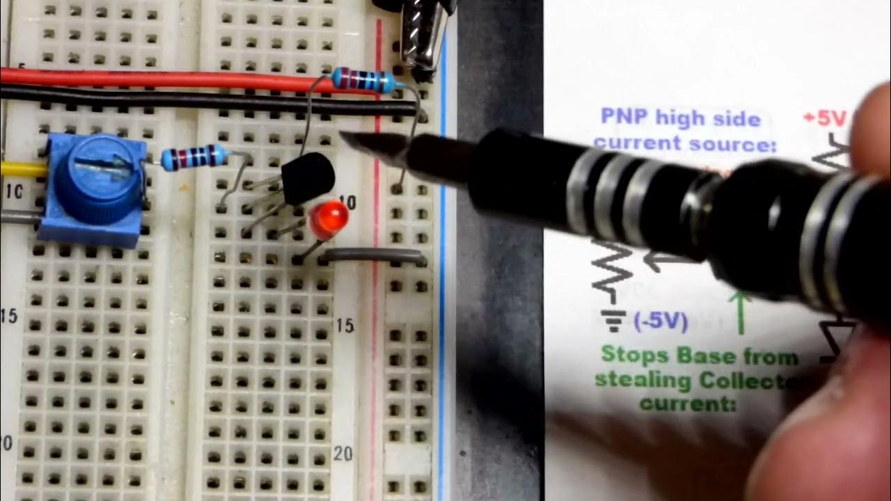PNP BJT current source sets LED brightness circuit 2N3906 trimpot learning electronics shorts ...