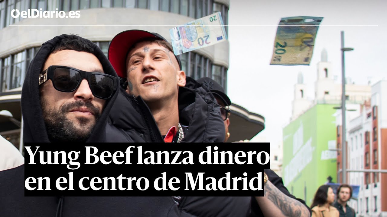 Yung Beef lanza miles de euros en el centro de Madrid para promocionar su nuevo disco - YouTube
