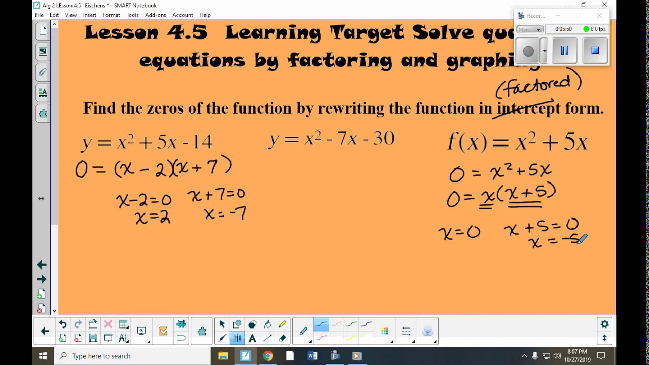 Mrs Eischens Alg 2 Lesson 4 5 Solve Quadratic Equations Factoring Youtube