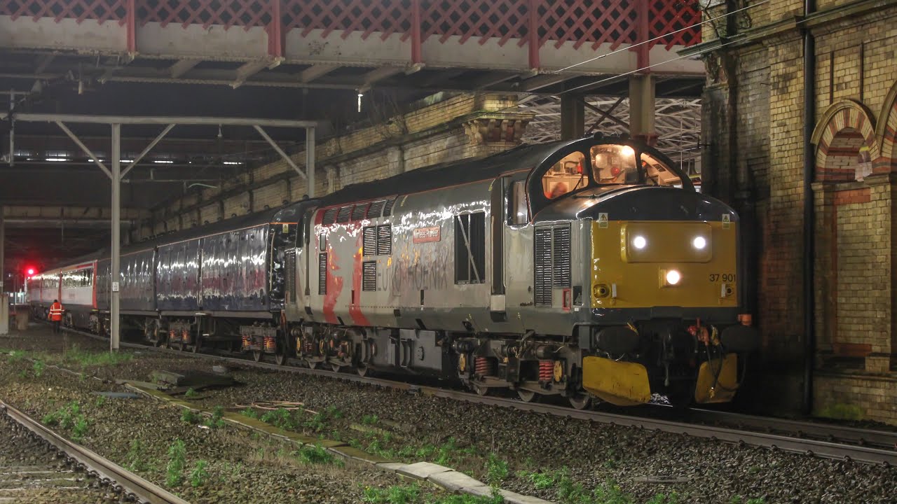 37901 'Mirlees Pioneer' Departs Crewe with 6 Mk3s and two barriers ...