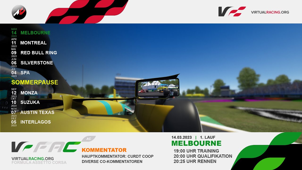 Assetto Corsa | Saisonstart FAC X 2023 - Lauf 1 | Melbourne | virtualracing.org - YouTube