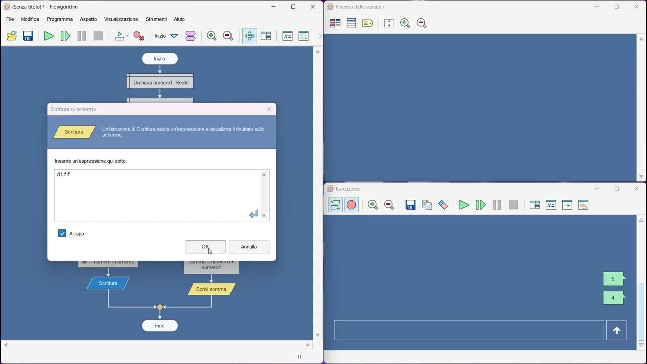 Flowgorithm: somma differenza tra due numeri - YouTube