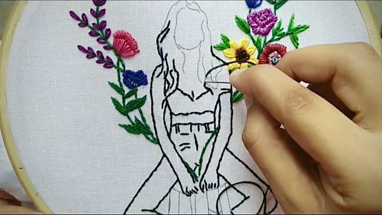 Girl and flowers embroidery tutorial || Embroidery for beginners || Let ...