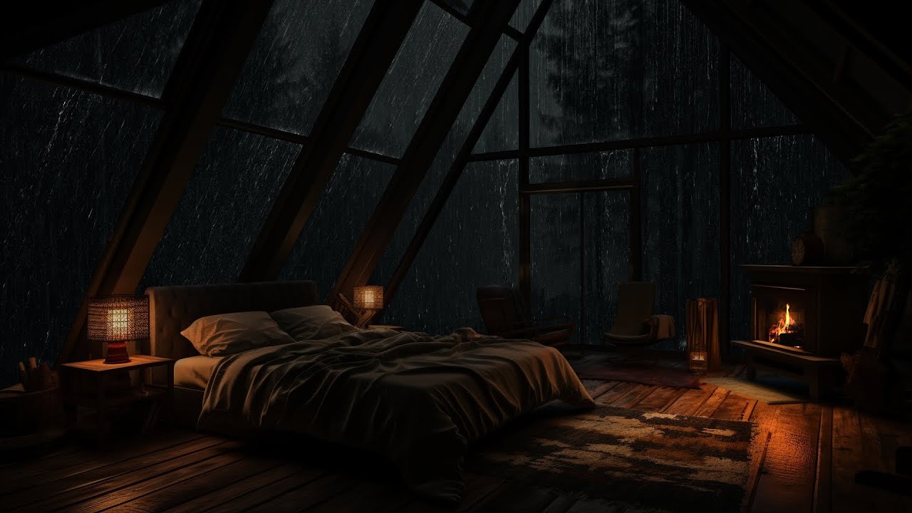 Rain Falling Outside - Immerse yourself in a Cozy Attic and a Fireplace ...